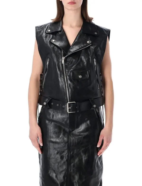 Saint Laurent Crinkled Leather Biker Vest - Black