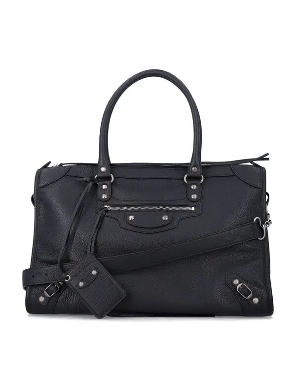 Balenciaga Grained Calf Leather Travel Handbag With Adjustable Shoulder Strap - Black