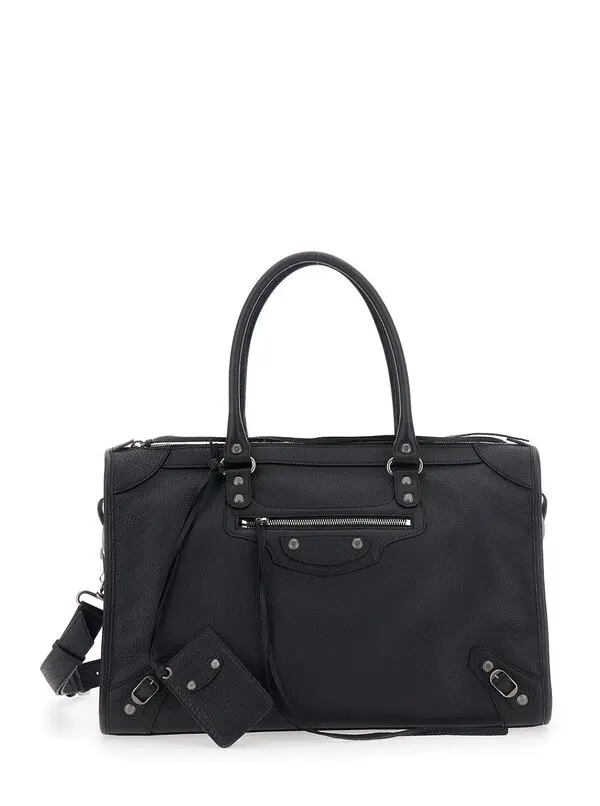 Balenciaga Grained Calf Leather Travel Handbag With Adjustable Shoulder Strap - Black
