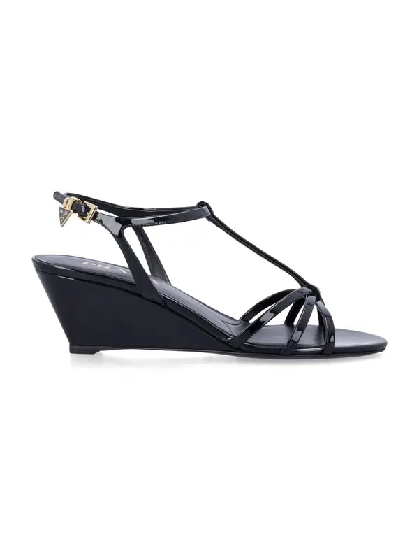 Prada Leather Wedge Sandals - Black