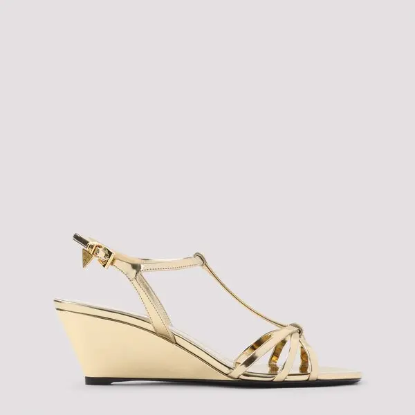 Prada Patent Leather Wedge Sandals With Logo Detail - Metallic