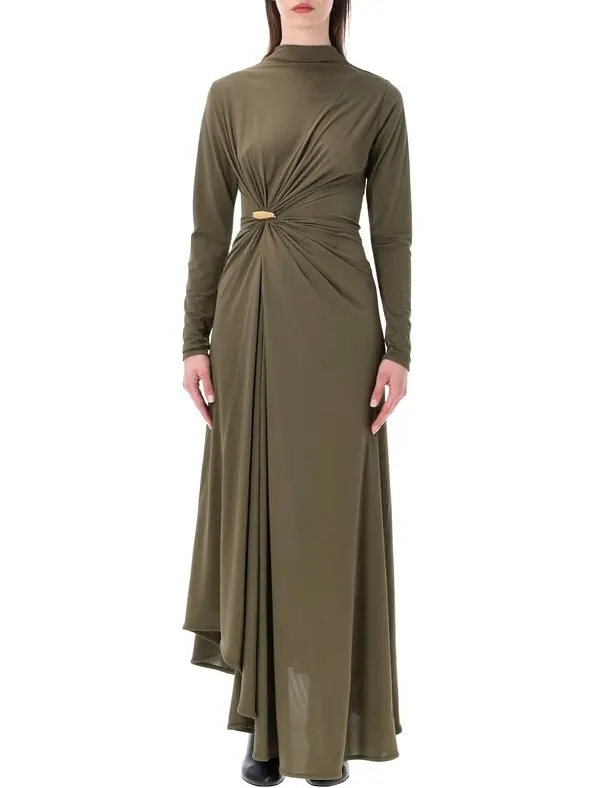 Bottega Veneta High Neck Sculptural Dress With Brooch Detail - Camo