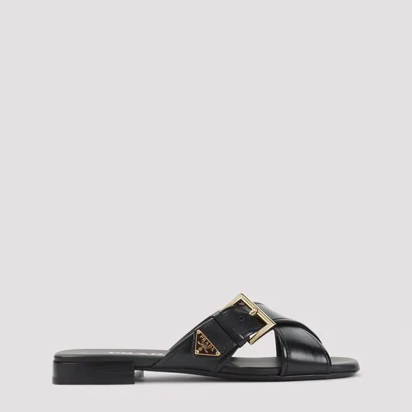 Prada Leather Crisscross Slides With Buckle - Black