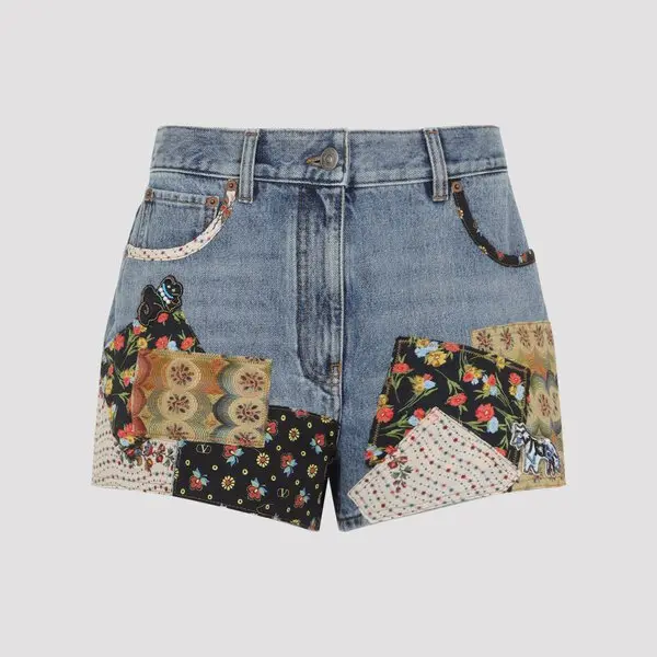 Valentino Garavani Denim Patchwork Shorts With Animal Embroidery - Blue