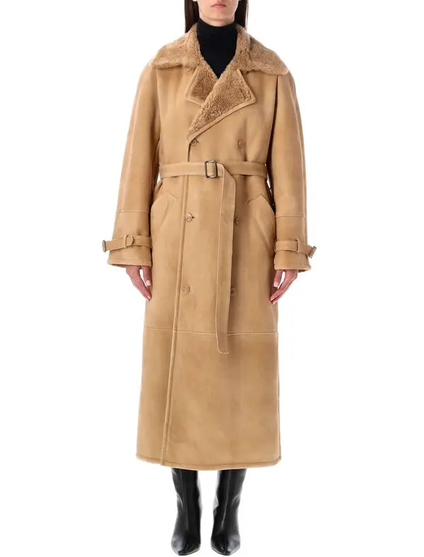 SWORD 6644 Mongolian Shearling Double Breasted Cropped Jacket - Beige