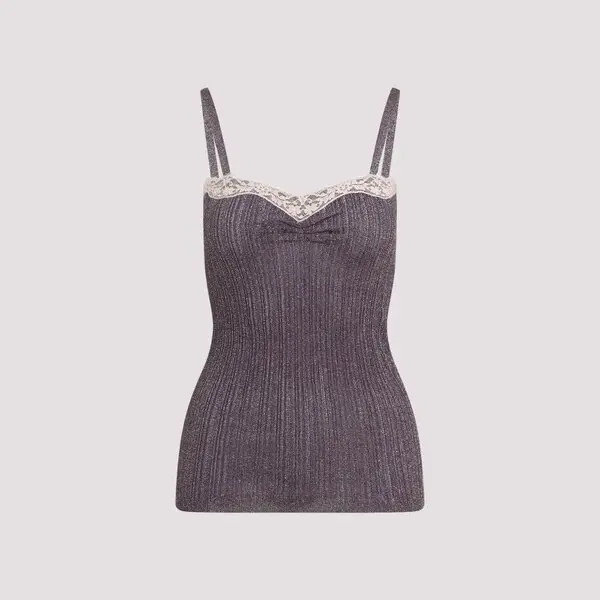 Valentino Garavani Ribbed Metallic Fiber Top With Lace Trim - Red