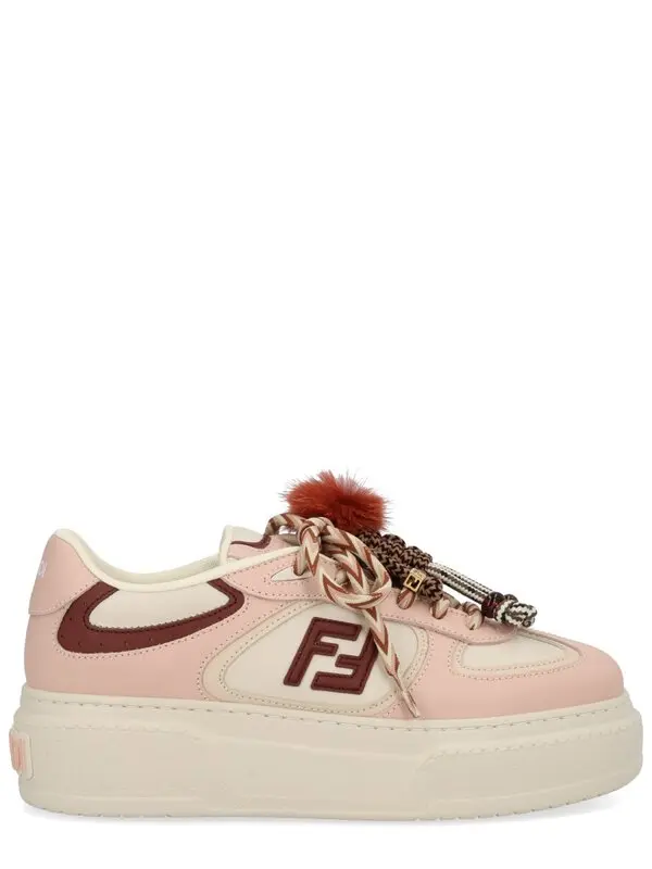 Fendi Platform Leather Sneakers With Decorative Lace Detail - Beige