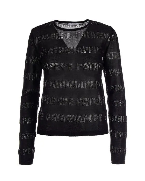 Patrizia Pepe Black V-neck Sweater With All-over Logo Pattern - Nero