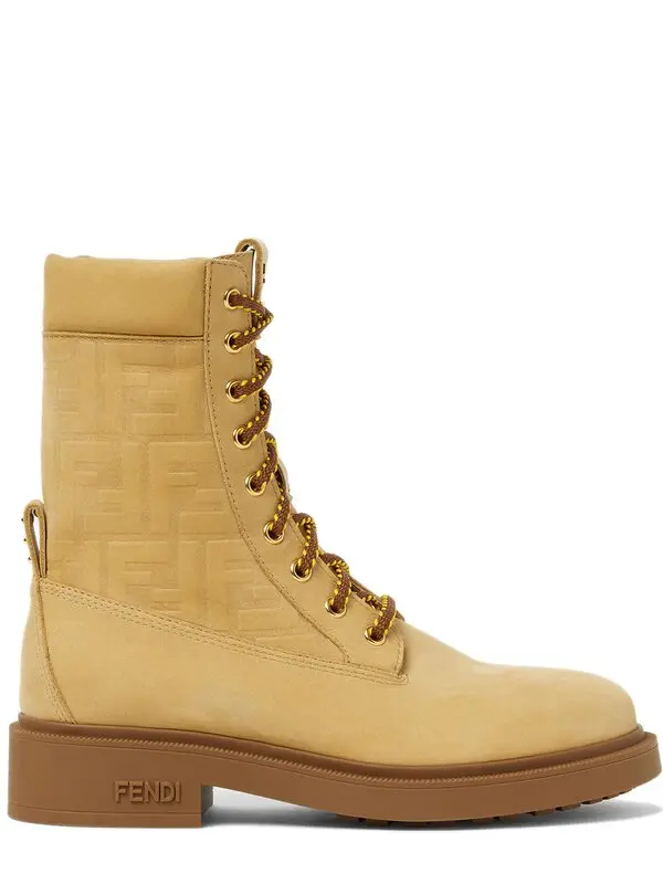 Fendi Water-resistant Nubuck Lace-up Boots With Gold-finish Details - Beige