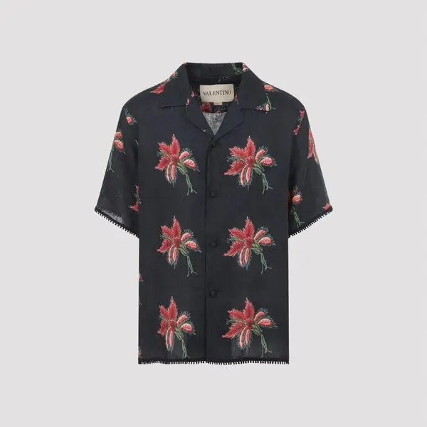 Valentino Garavani Linen Bowling Shirt With Papier Floral Print For - Black