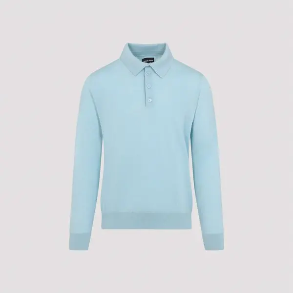 Giorgio Armani Long-sleeved Polo Shirt In Virgin Wool - Blue