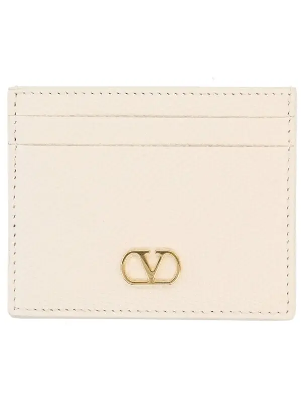 Valentino Garavani Leather Card Holder With Logo Detail - Ivory