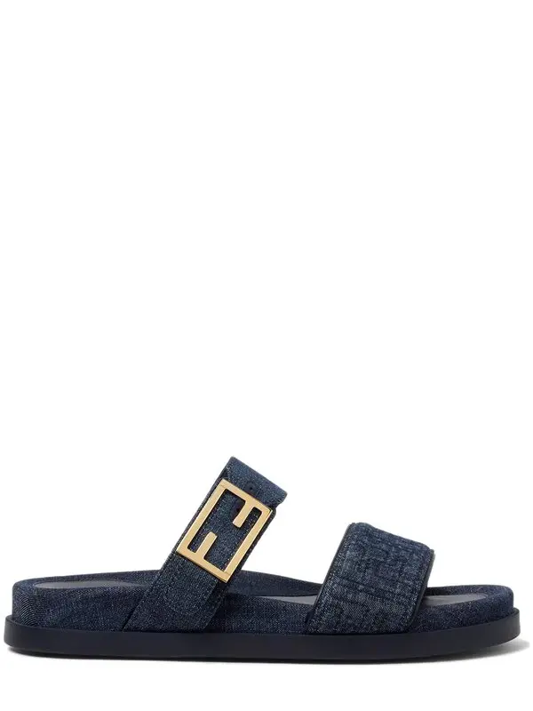Fendi Double-band Embroidered Slides With Decorative Buckle - Blue