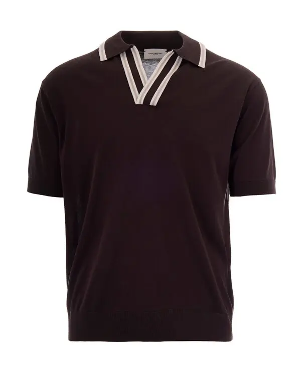 PAOLO PECORA Striped Collar Knit Polo Shirt - Marrone