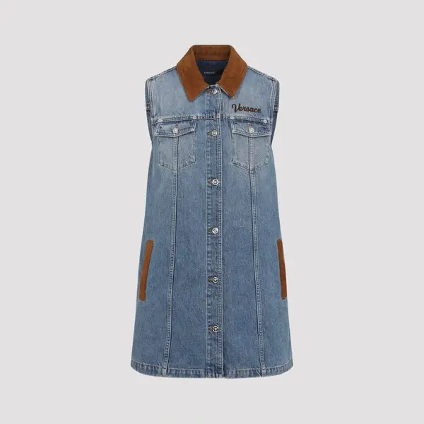Versace Denim Sleeveless Dress With Contrasting Collar