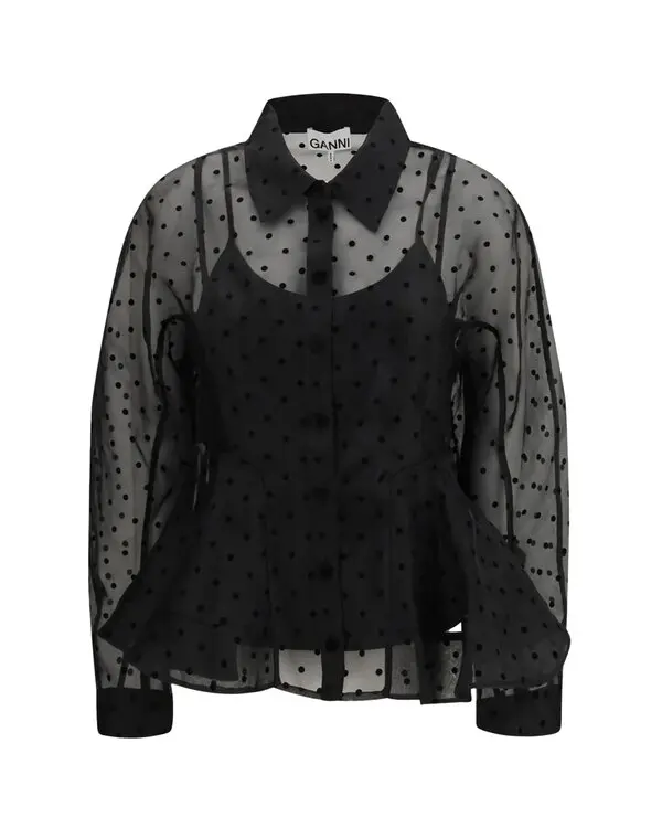 GANNI Sheer Polka Dot Shirt - Black