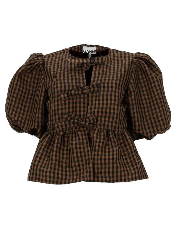 GANNI Checked Puff Sleeve Peplum Top - Brown