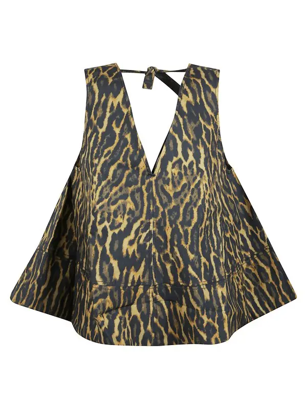 GANNI Leopard Print V-neck A-line Cotton Top With Back Tie Detail - Kaki