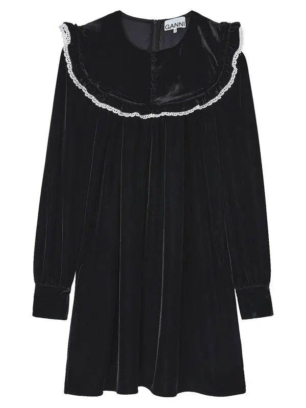 GANNI Printed Ruffled Mini Dress - Black