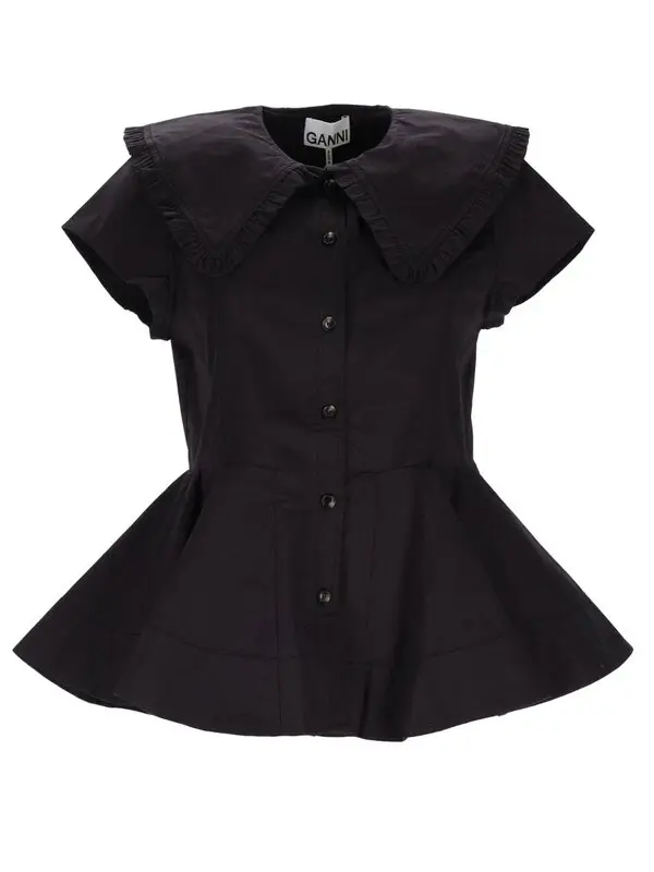 GANNI Collared Button-front Peplum Top - Black