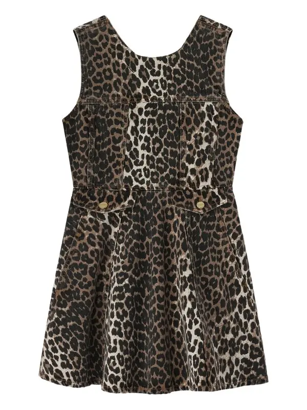 GANNI Sleeveless Leopard Print Denim Dress - Marrone