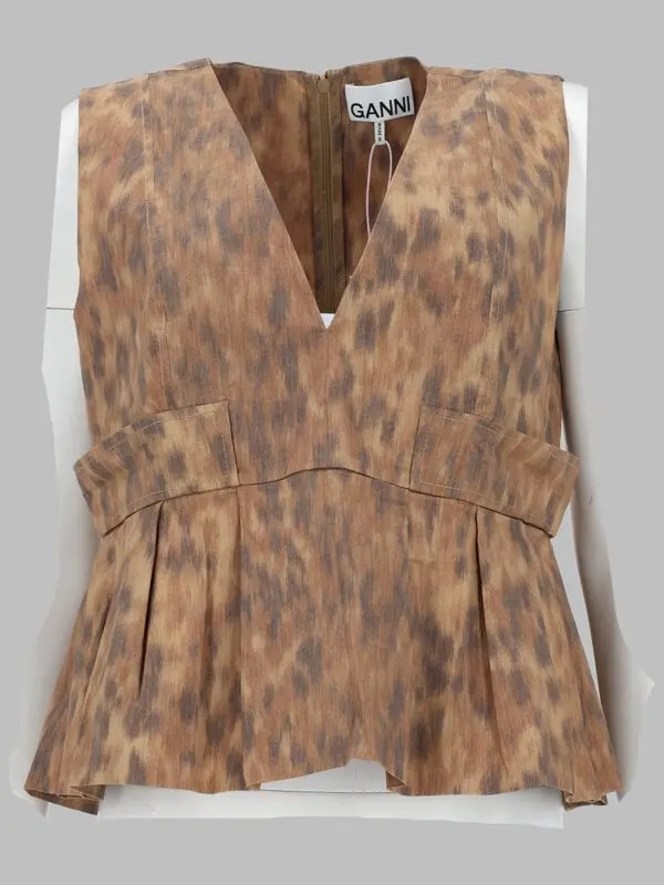 GANNI Sleeveless V-neck Peplum Top - Beige