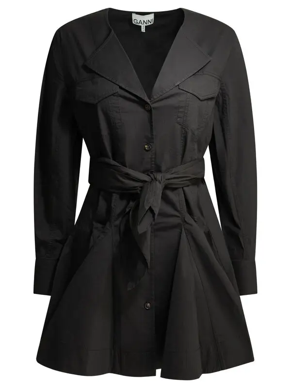 GANNI Mini Shirt Dress With Button Closure And V-neck - Black