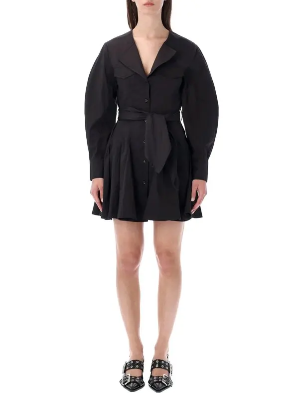 GANNI Mini Shirt Dress With Button Closure And V-neck - Black