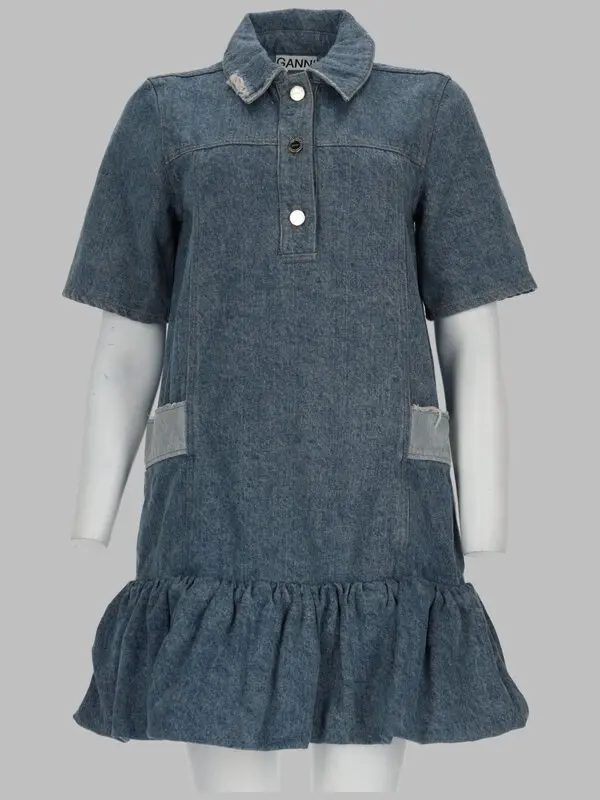 GANNI Denim Dress With Ruffled Hem - Blue