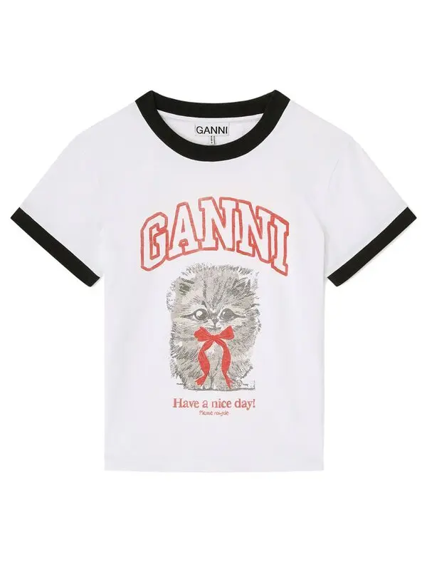 GANNI Cropped Organic Cotton T-shirt With Graphic Print - White