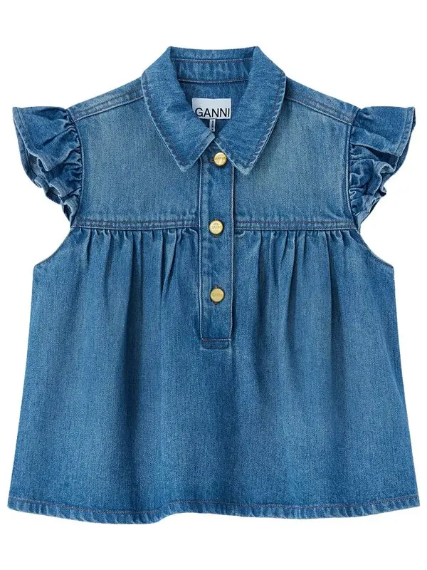 GANNI Sleeveless Blouse With Ruffle Trim - Denim