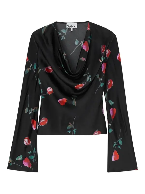 GANNI Floral Cowl Neck Long Sleeve Top - Black