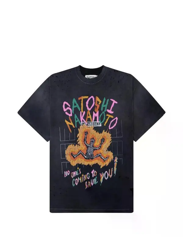 SATOSHI NAKAMOTO No Savior Graphic-print Distressed T-shirt