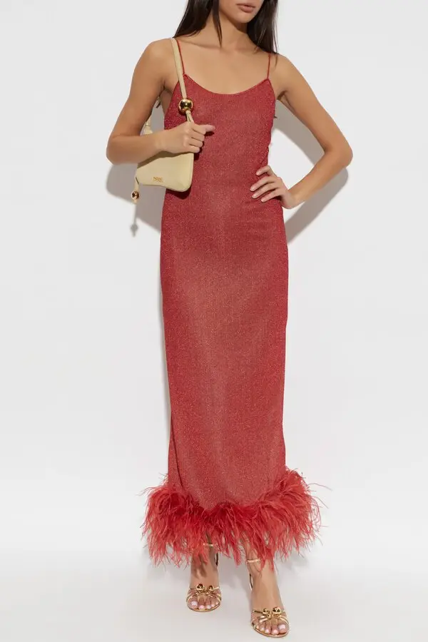 Oseree Feather Trim Maxi Dress
