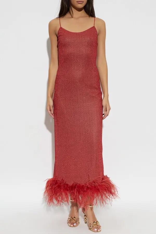 Oseree Feather Trim Maxi Dress