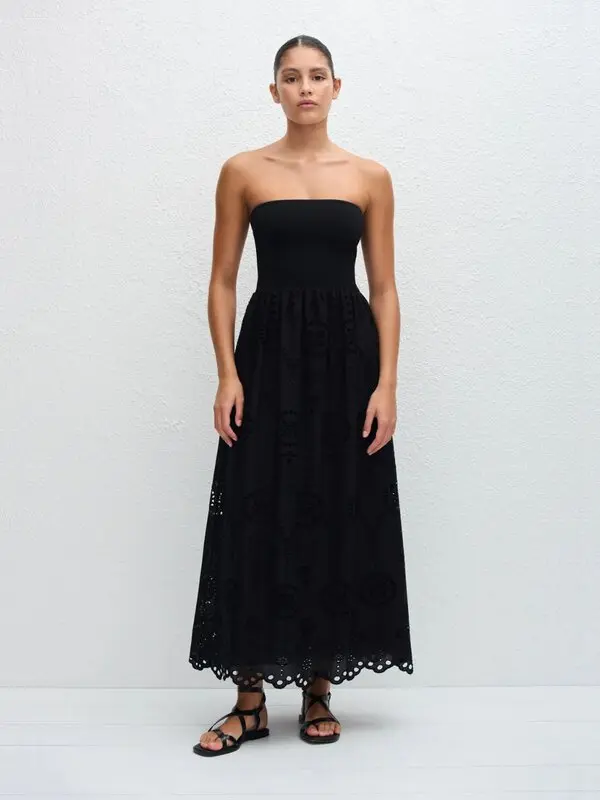 Matteau Strapless Knit And Broderie Midi Dress - Black