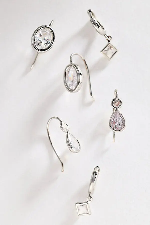Anthropologie Mixed Crystal Earrgs, Set Of 3 - Silver