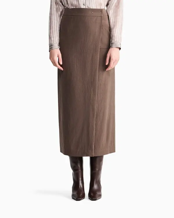 Giorgio Armani Long Wrap Skirt In Washed Silk And Wool With A Patch Pocket