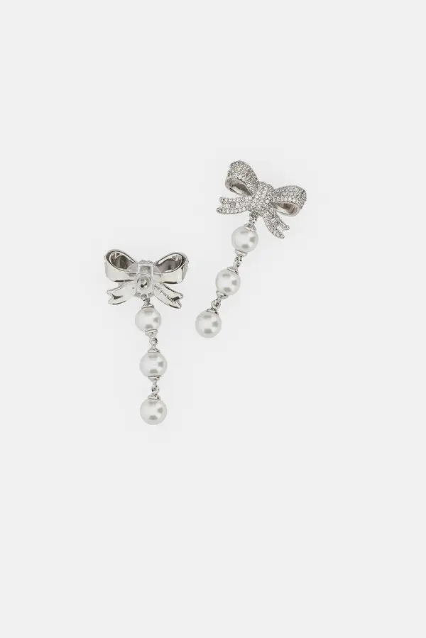 SELF-PORTRAIT Bow Earrings With Cascading Pearls - Silver