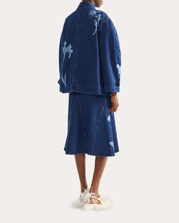 Erdem Oversized Indigo Denim Jacket With Floral Print