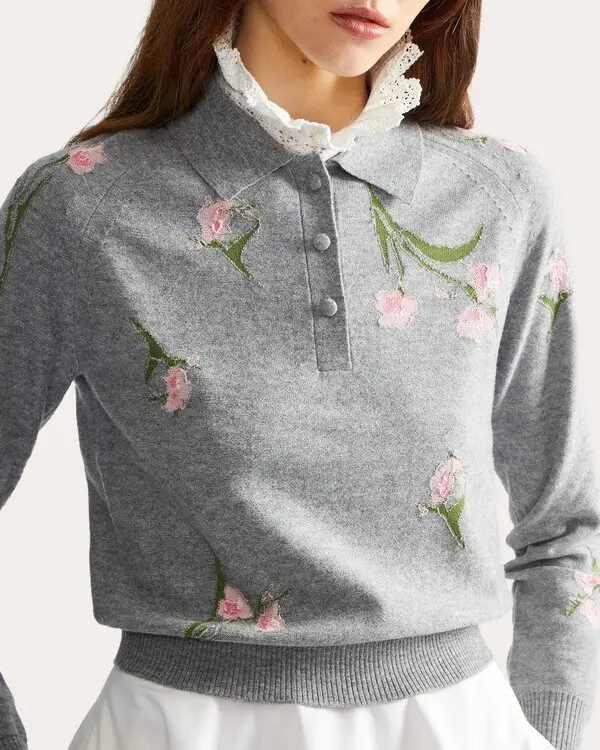 Erdem Embroidered Floral Wool Polo Sweater