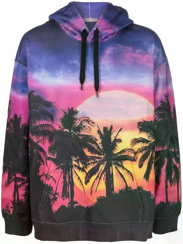 Valentino Garavani Palmscape Print Drawstring Hoodie - Blue