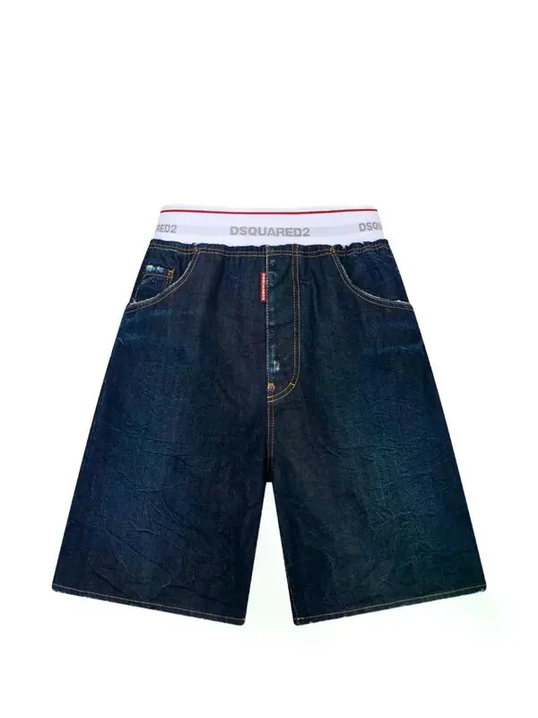 Dsquared2 Dark Wash Wide-leg Denim Shorts With Elasticated Logo Waist