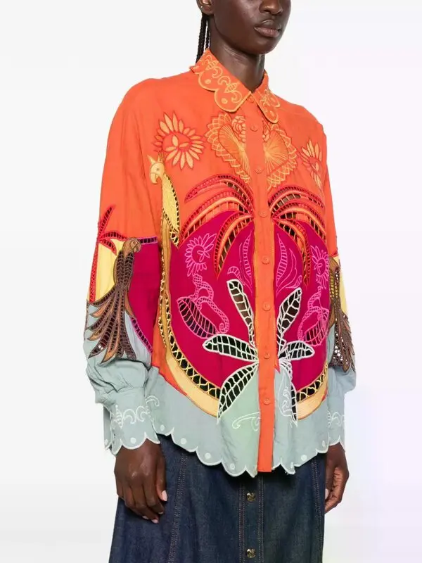Farm Rio Embroidered Scalloped-edge Shirt