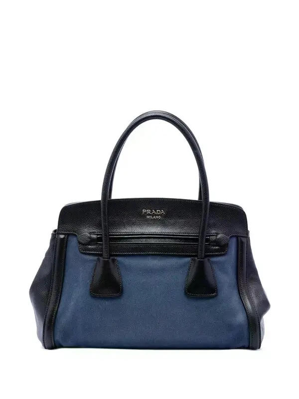 Prada Bicolor Saffiano Leather Trimmed Canvas Satchel - Blue