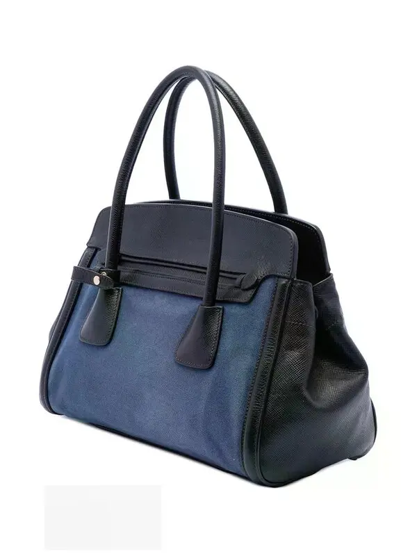 Prada Bicolor Saffiano Leather Trimmed Canvas Satchel - Blue