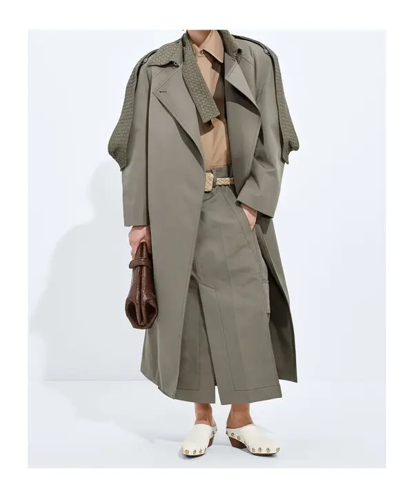 Bottega Veneta Cotton And Silk Gabardine Trench With Woven Leather Accents - Gray