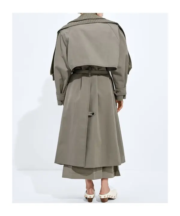 Bottega Veneta Cotton And Silk Gabardine Trench With Woven Leather Accents - Gray