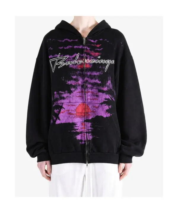 Balenciaga Distressed Graphic Zip-up Hoodie - Black