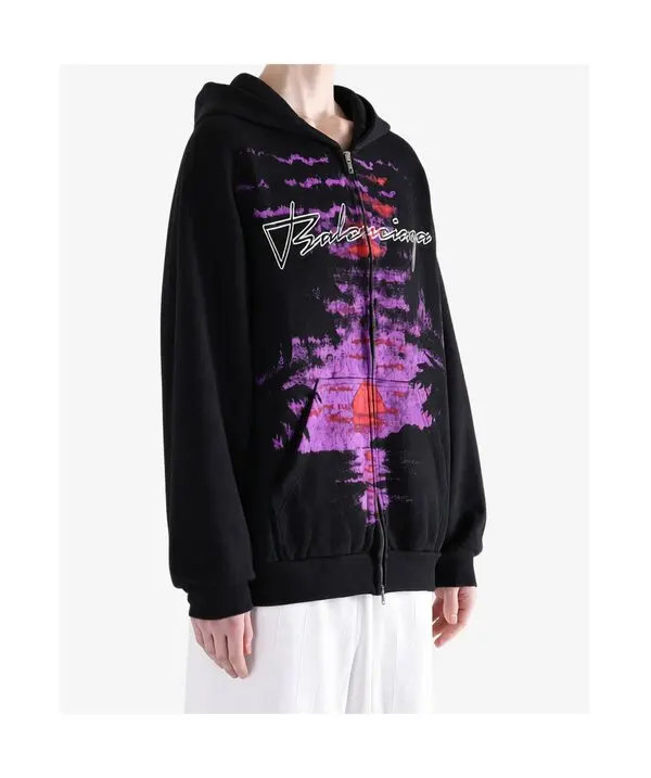 Balenciaga Distressed Graphic Zip-up Hoodie - Black